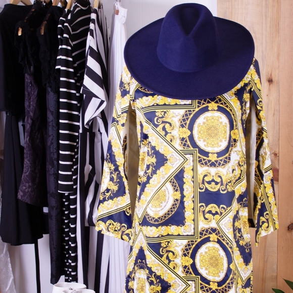 Ovi | Dresses | Ovi Ornate Patterned Dressin Gold And Navy | Poshmark